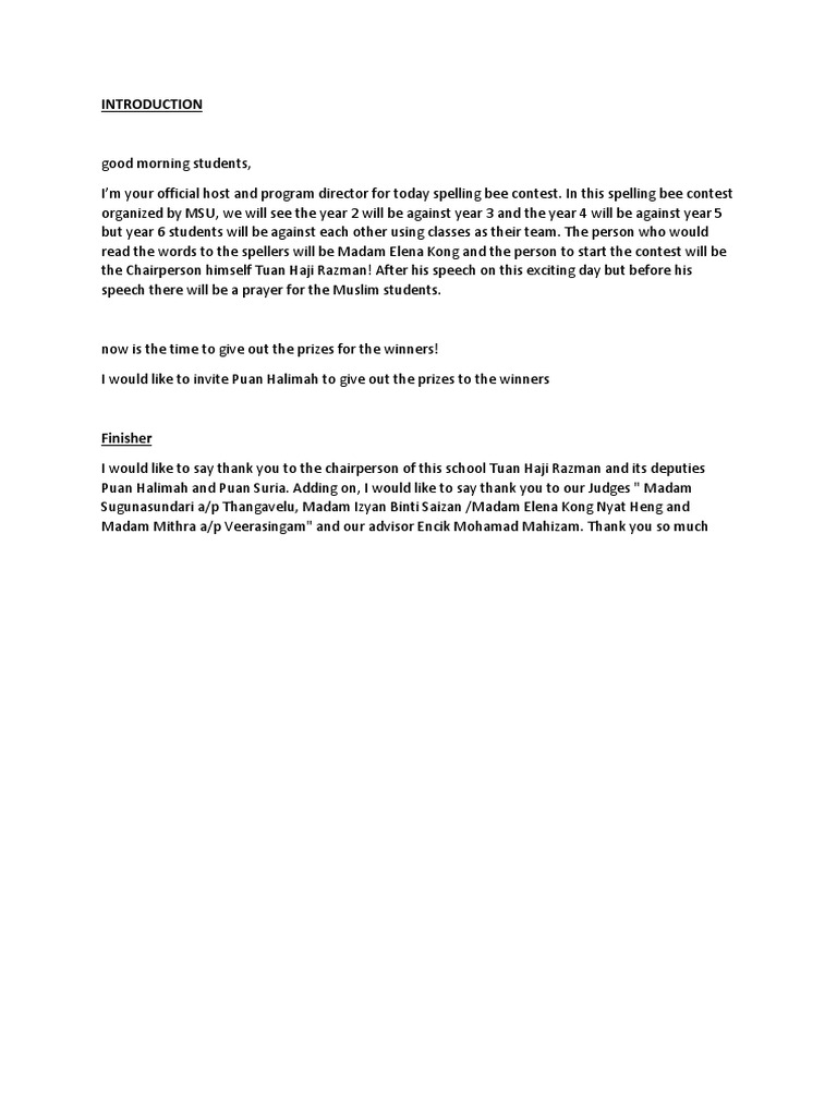 Spelling Bee MC Script | PDF