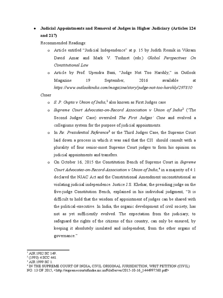 Judicial Appointments and Removal of Judges in Higher Judiciary | PDF ...