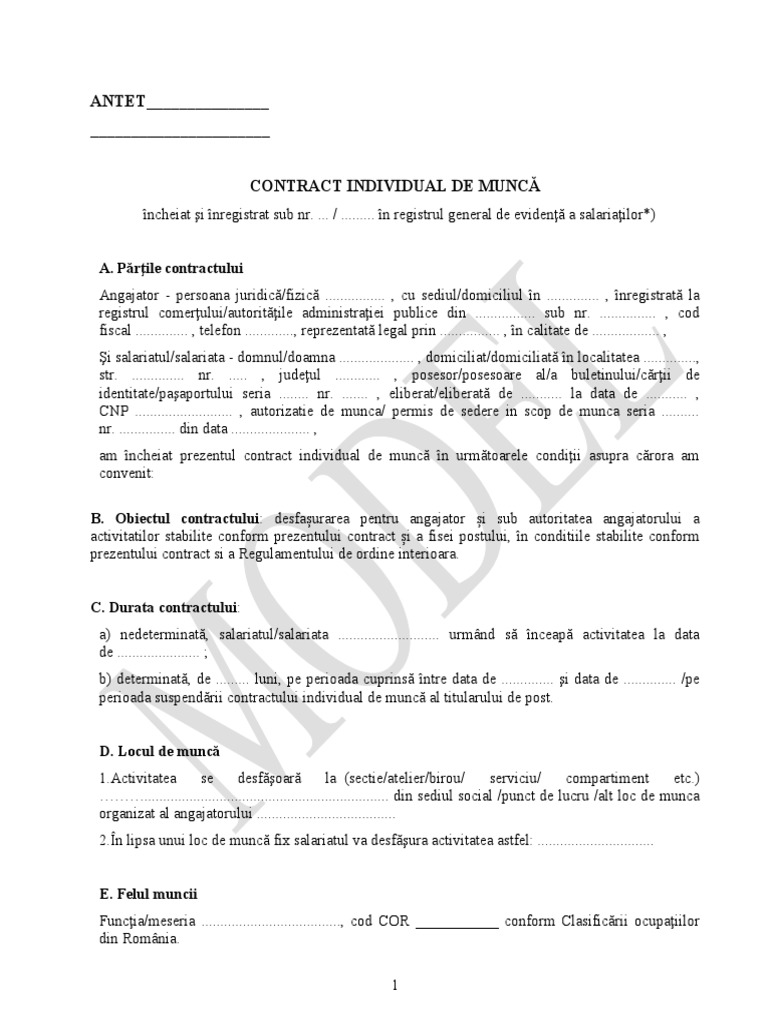 Model Contract Individual de Munca - 2021 | PDF