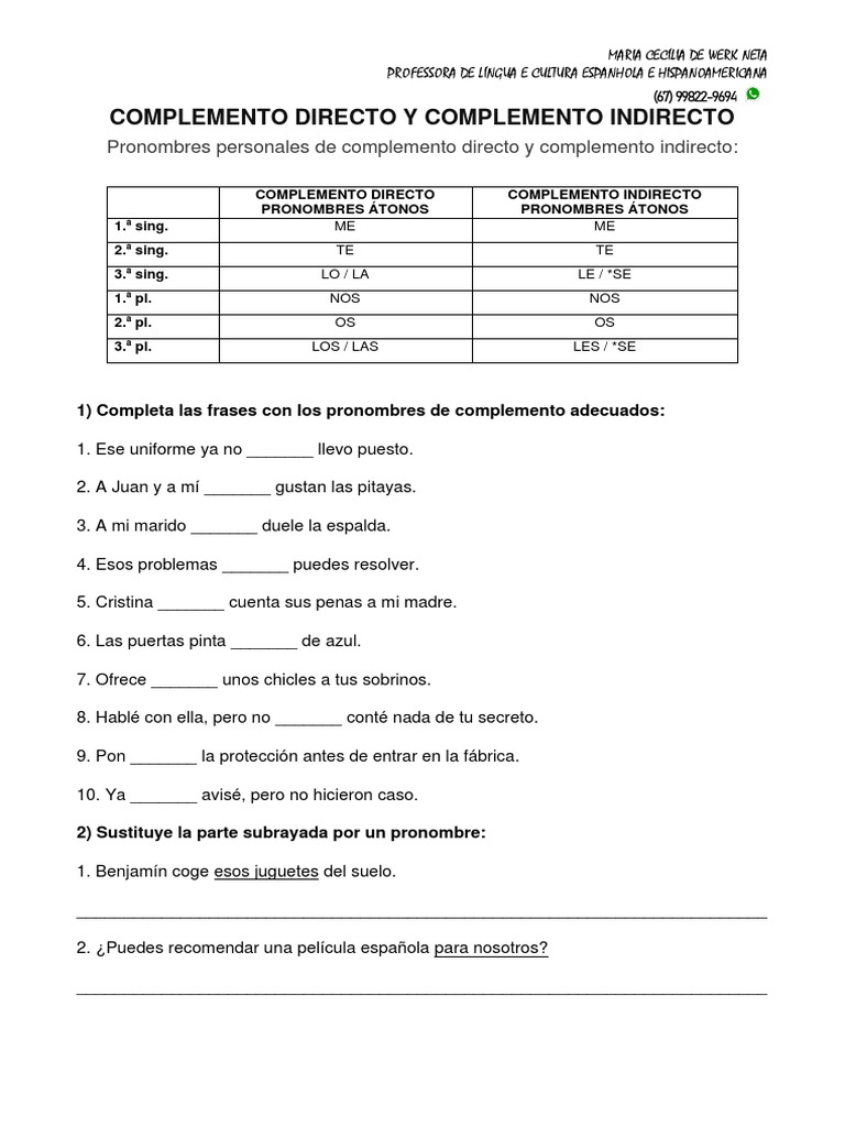 Ejercicios 2 Complemento Directo Indirecto | PDF Ejercicios 2 Complemento Directo Indirecto | PDF
