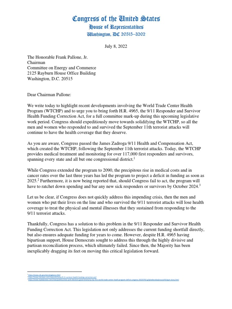 Pallone's WTCHP Letter 07/08/2022 | PDF | American Government | United ...