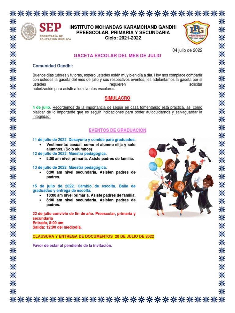 Gaceta Escolar Julio 2022: Eventos y Fechas | PDF | Educación de la ...