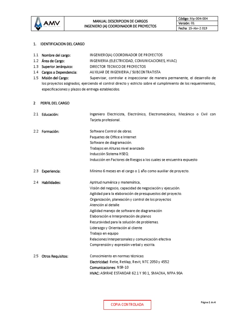 Descripcion Cargo Ingeniero (A) Coordinador de Proyectos | PDF | Software | Presupuesto