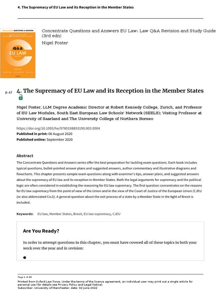 The Supremacy of EU Law and Its Reception in The Member States | PDF ...