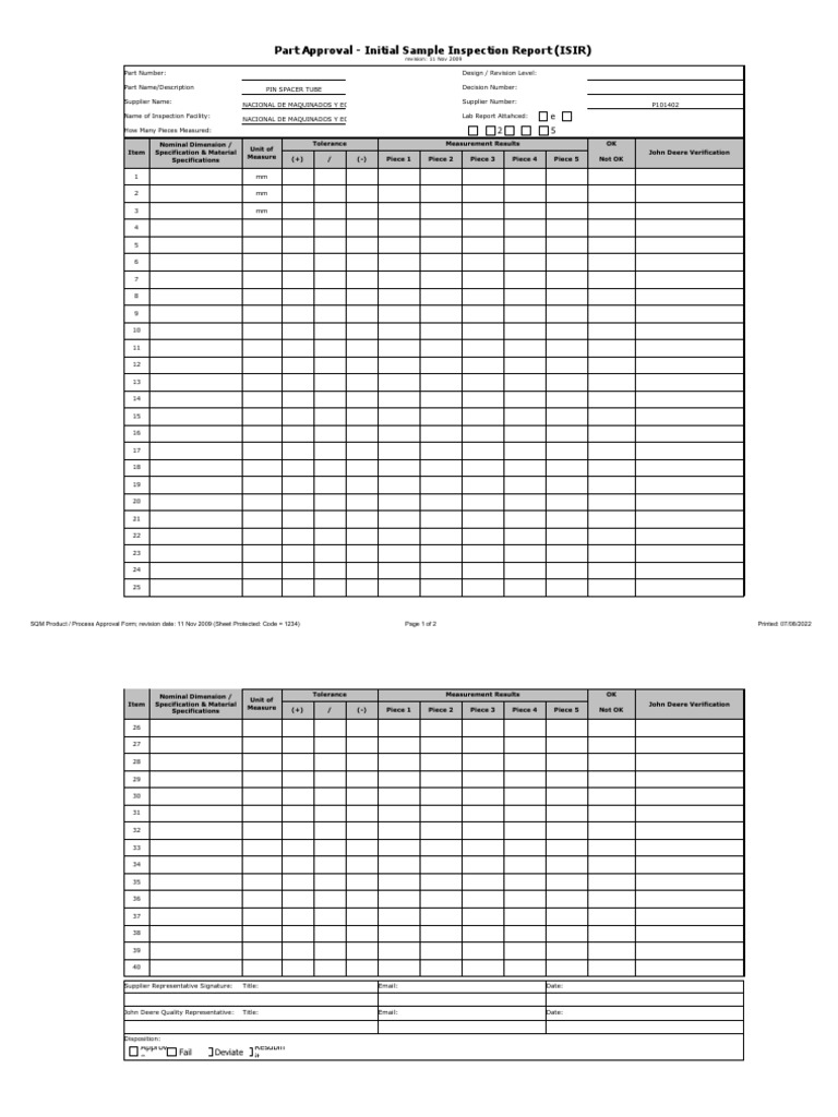 Part Approval - Initial Sample Inspection Report (ISIR) | PDF ...