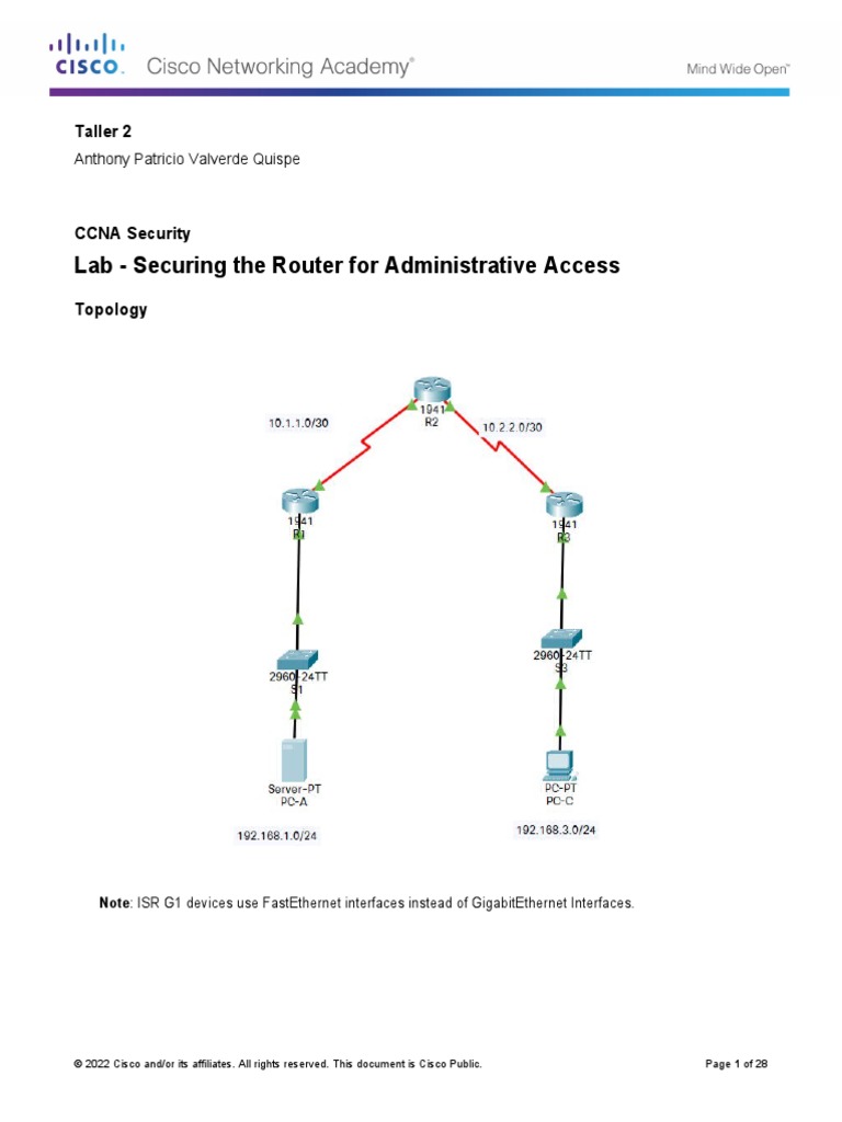 Lab - Securing The Router For Administrative Access: Taller 2 | PDF | Ip Address | Password