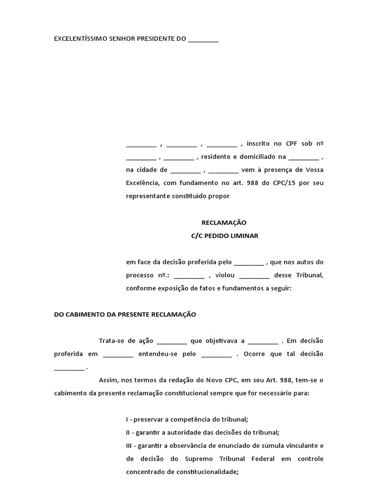 Reclamação Modelo | PDF | Processo civil | Jurisprudência