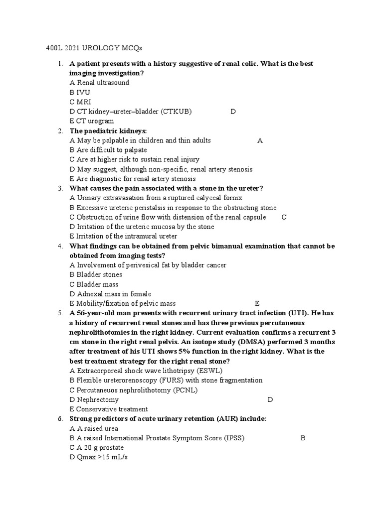 400L 2021 UROLOGY MCQs | PDF | Urinary Tract Infection | Kidney