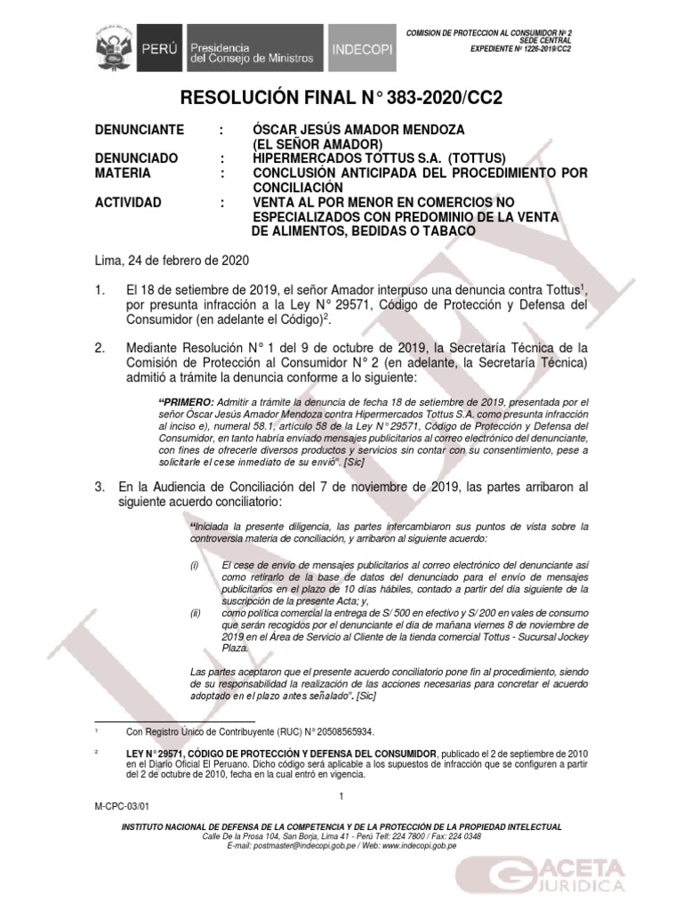 Resolución Final Nº383-2020-Cc2 - Laley | PDF | Protección al Consumidor | Justicia
