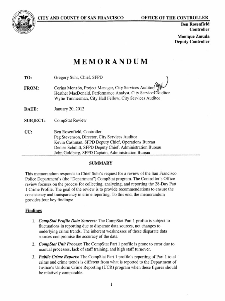 2878-SFPD CompStat Memo FINAL | PDF | Uniform Crime Reports | Robbery