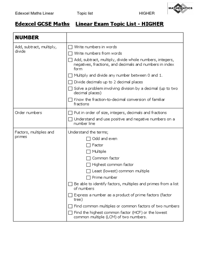 Edexcel GCSE Maths Higher Topic List | PDF | Area | Circle
