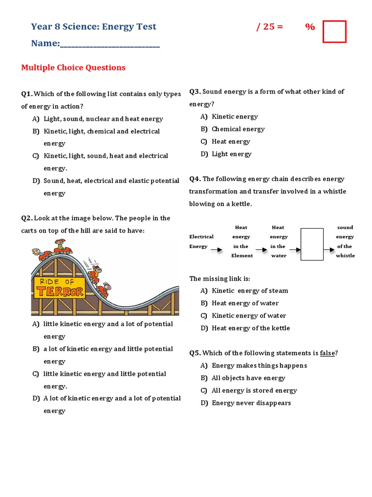 Year 8 Science: Energy Test Name | PDF | Kinetic Energy | Heat