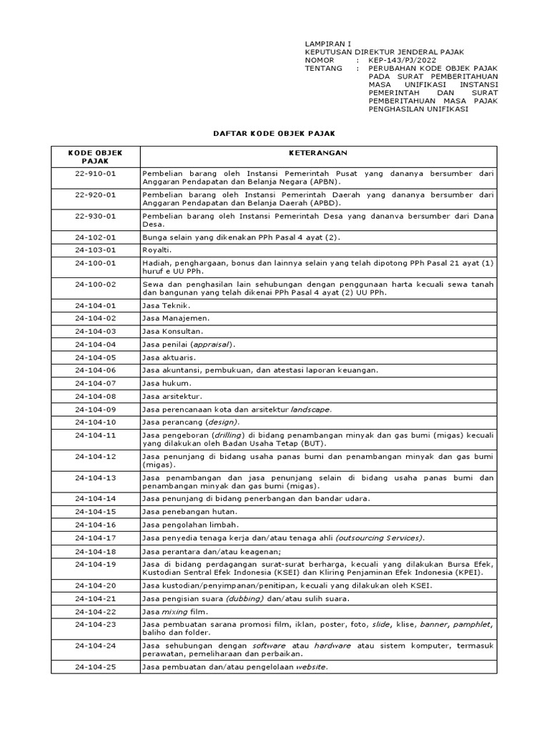 Lamp KEP-143 TG 24 Mar 2022 Kode Objek Pajak SPT Unifikasi | PDF