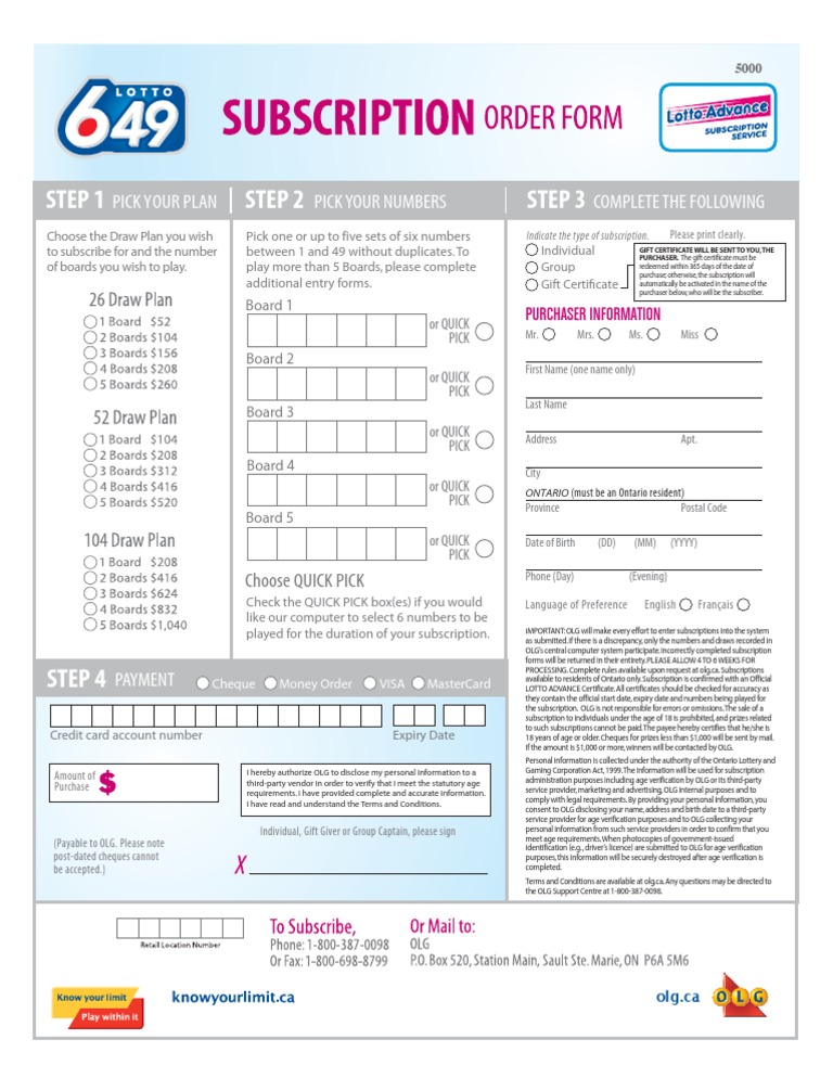 OLG Lottery Subscription Form Guide | PDF | Gift Card | Cheque