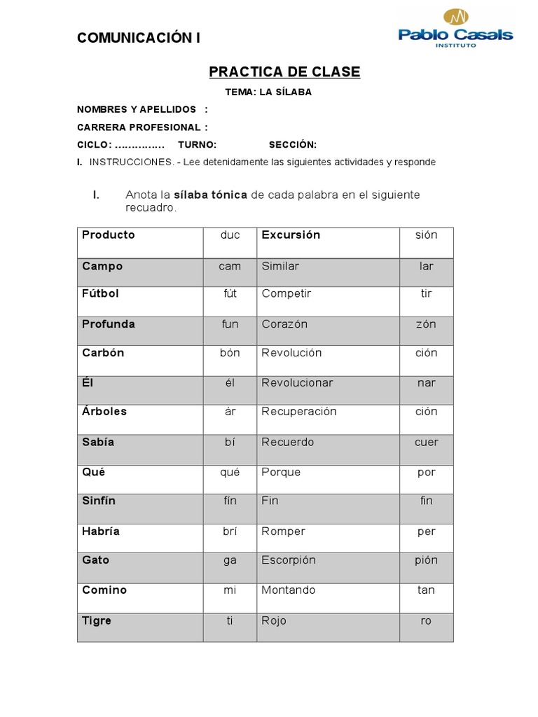 Práctica Resuelta Sobre La Sílaba y Los Tipos de Palabras | PDF ...