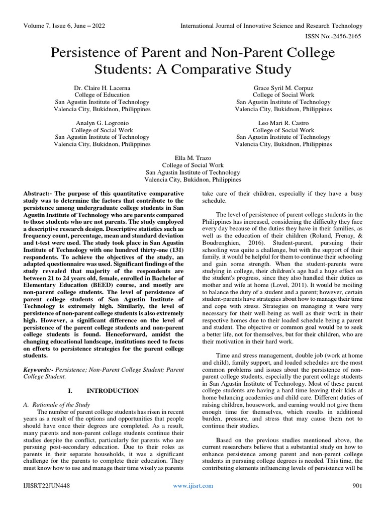 Persistence of Parent and Non-Parent College Students A Comparative ...