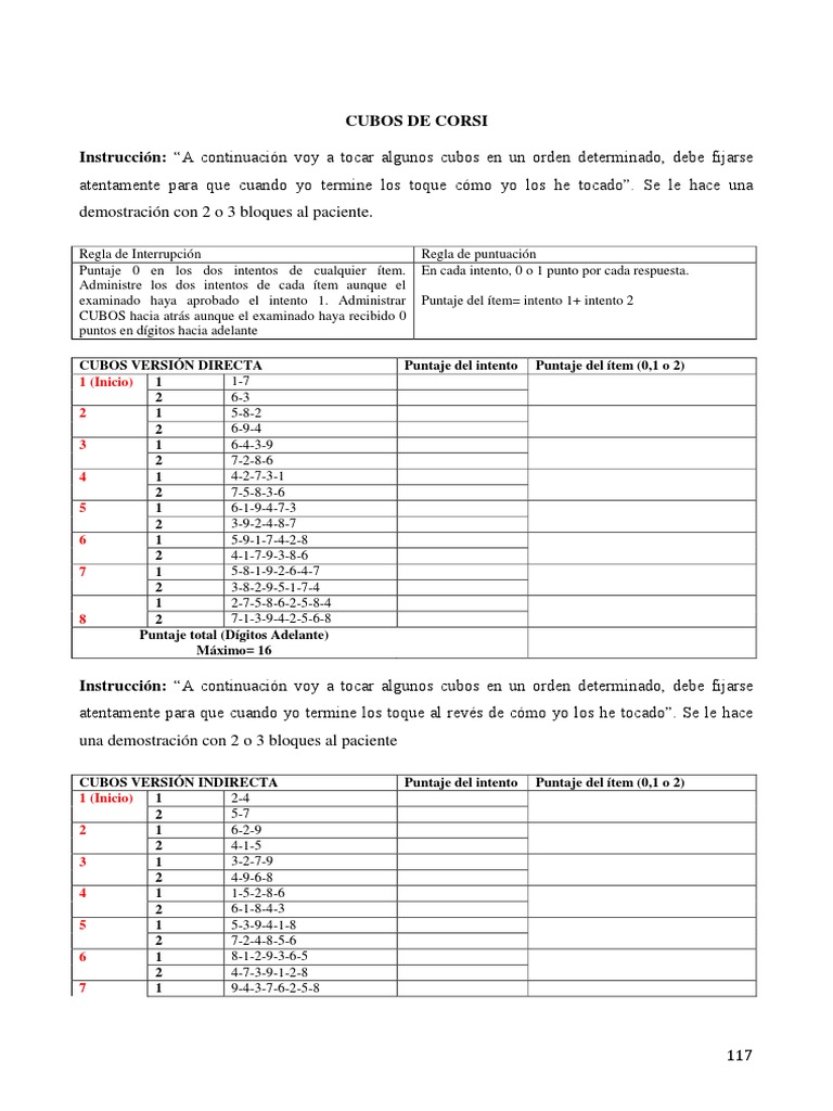 Cubos de Corsi. Protocolo | PDF