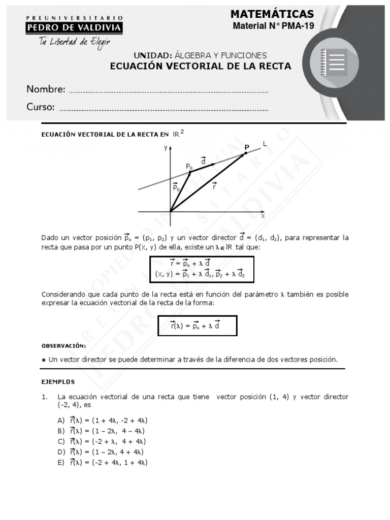 PMA-19 - Ecuacion Vectorial Recta R2 y R3 | PDF | Línea (geometría ...