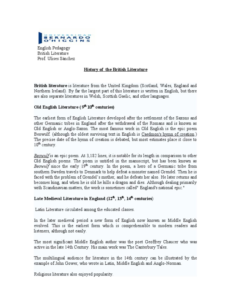 History of British Literature Handout | PDF | English Literature ...