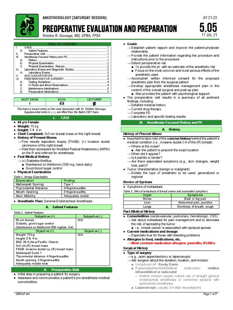 Preoperative Evaluation And Preparation | PDF | Anesthesia | Surgery