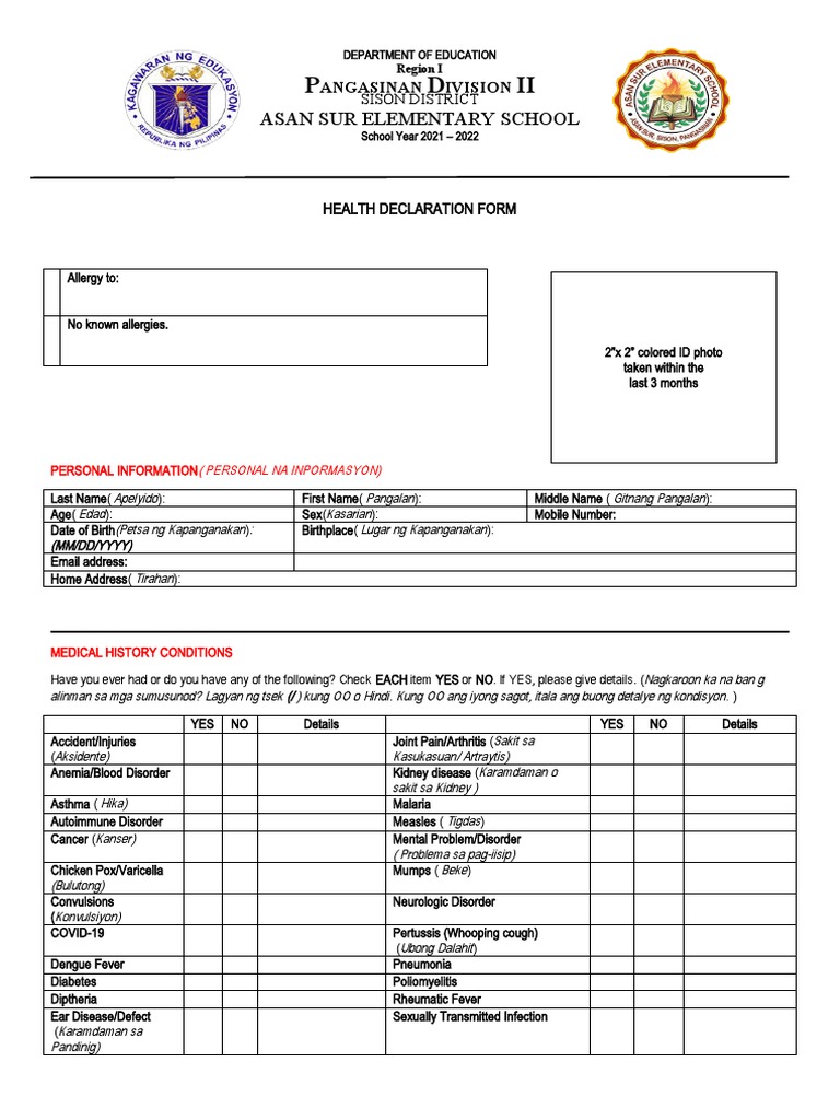 Health Declaration Form 1 | PDF | Diseases And Disorders | Health Sciences