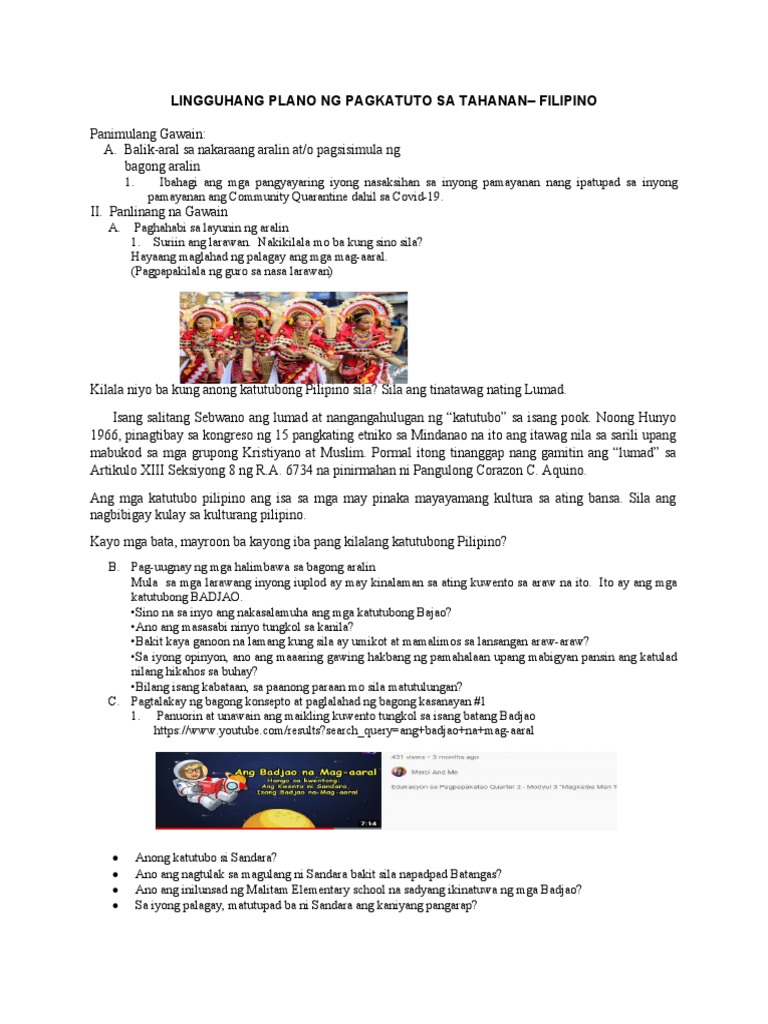 Lingguhang Plano NG Pagkatuto Sa Filipino | PDF