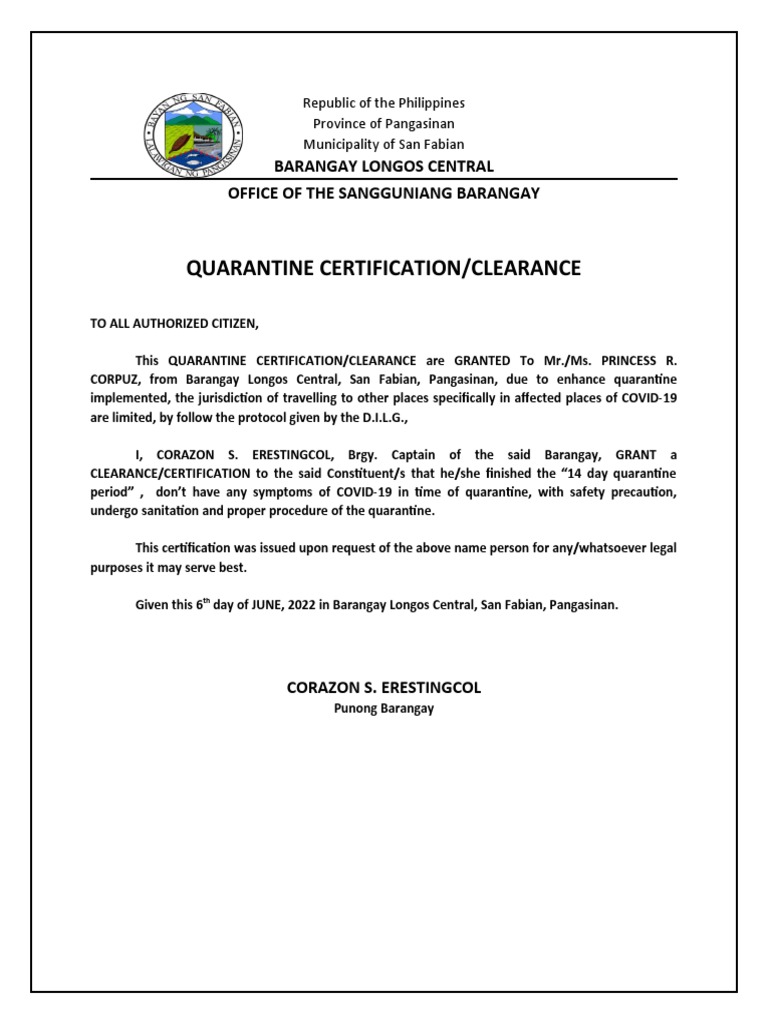 Quarantine Certification/Clearance: Barangay Longos Central Office of ...