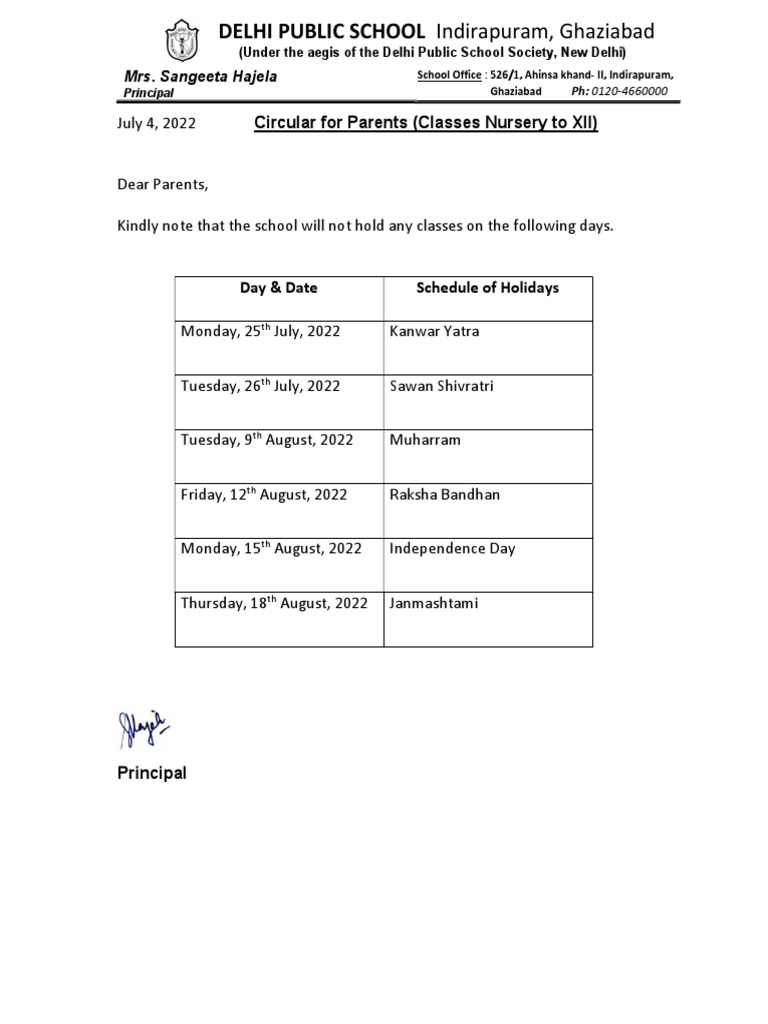 Holidays Circular in The Month of July and August | PDF