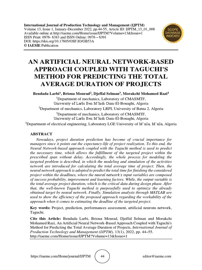 An Artificial Neural Network-Based Approach Coupled With Taguchi's Method For Predicting The ...