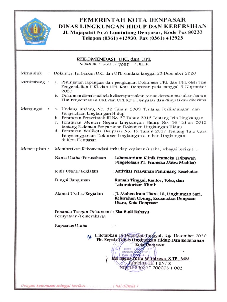 Rekomendasi Izin Lingkungan untuk Laboratorium Klinik Prameka di ...