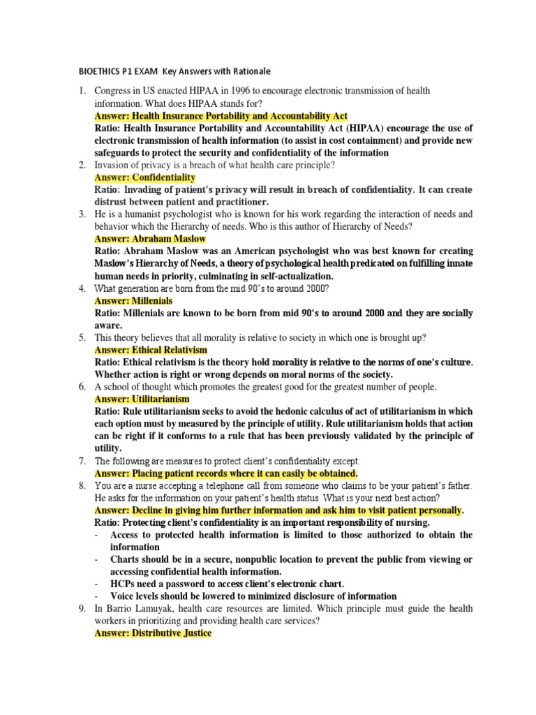 BIOETHICS P1 EXAM Key Answers with Rationale | PDF | Defamation | Nursing