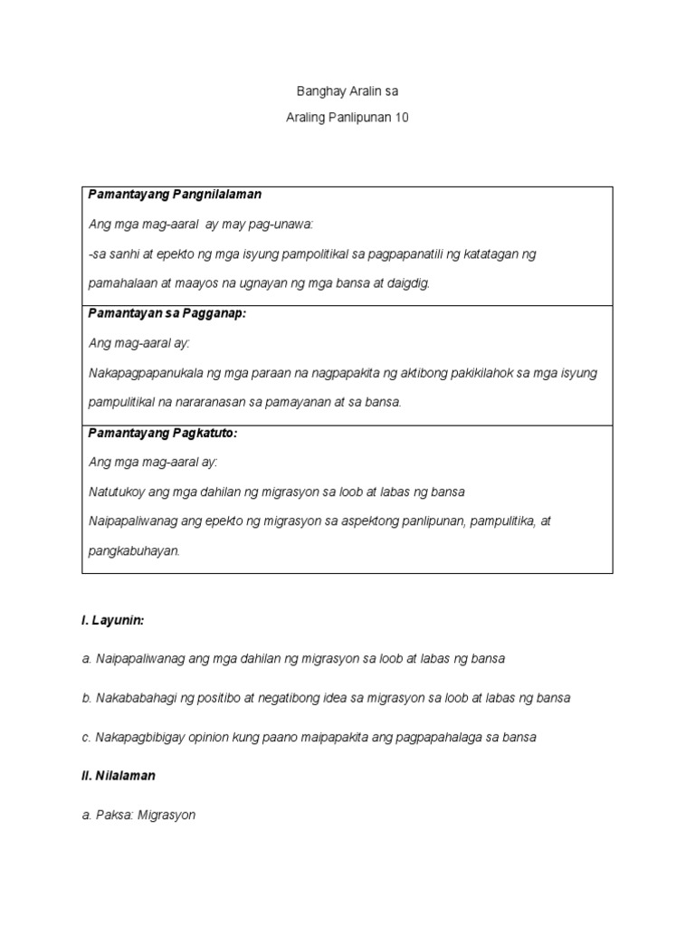 Pamantayang Pangnilalaman: Banghay Aralin Sa Araling Panlipunan 10 | PDF
