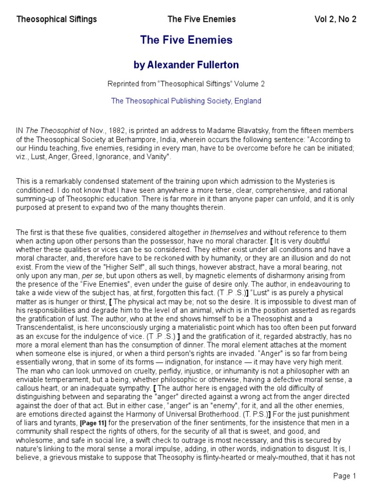 The Five Enemies: by Alexander Fullerton | PDF | Theosophy | Anger