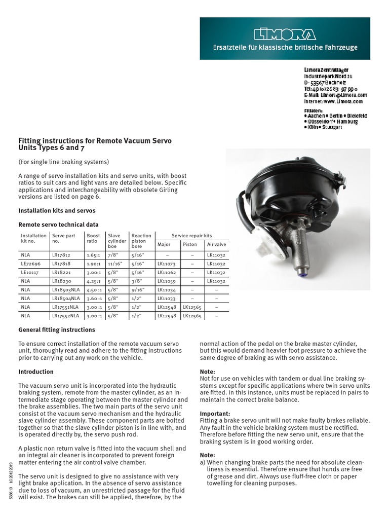Installation Instructions for Remote Vacuum Brake Servo Units Types 6 ...