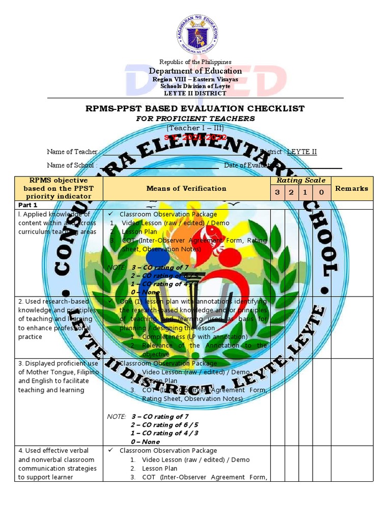 RPMS-PPST Based Evaluation Checklist | PDF | Lesson Plan | Learning
