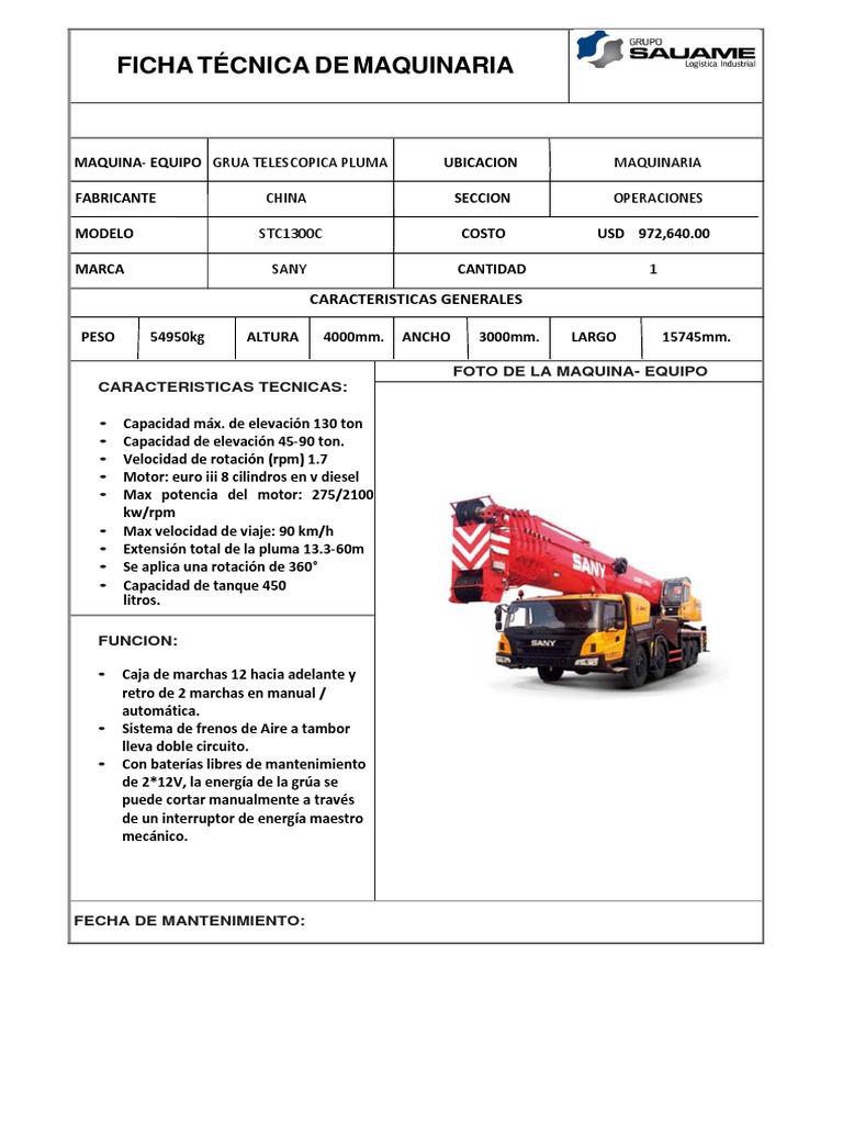 Ficha Tecnica de Maquinaria | PDF | Camión | Ingeniería mecánica