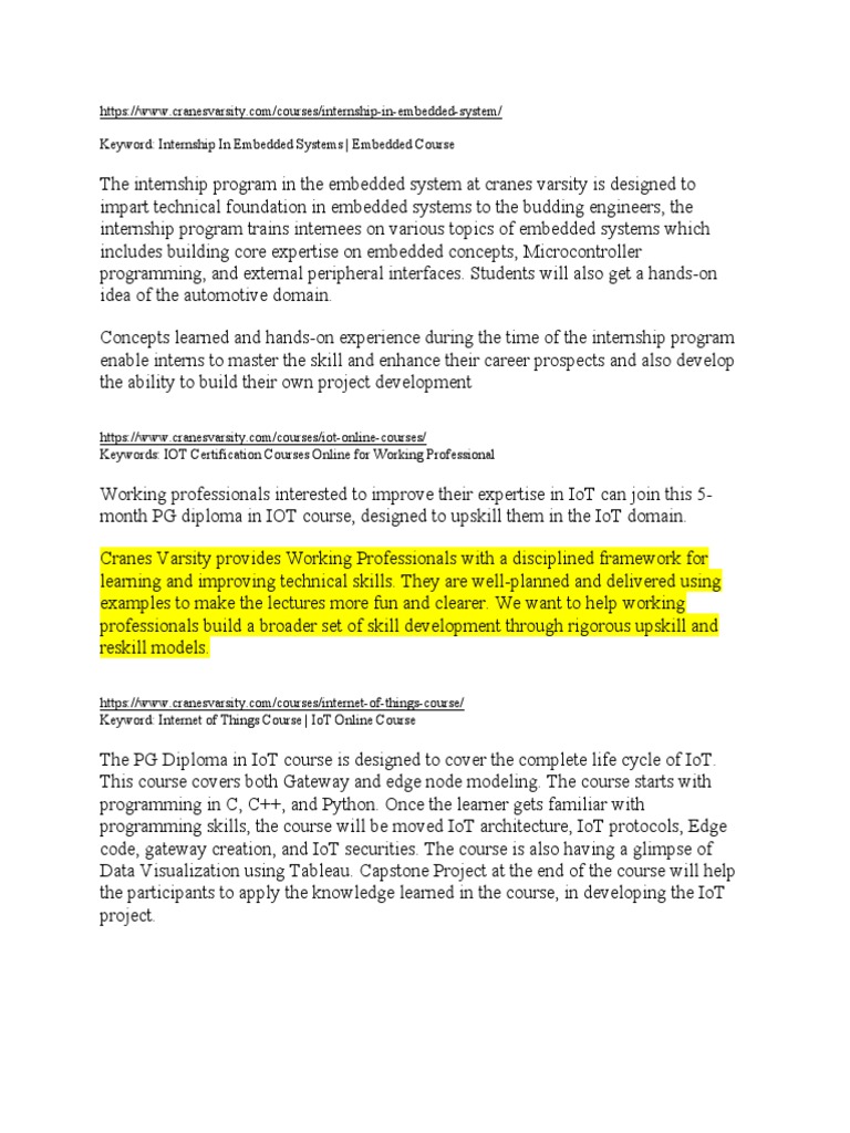 Overview Of Online Courses And Internship Programs In Embedded Systems Iot Data Science Java