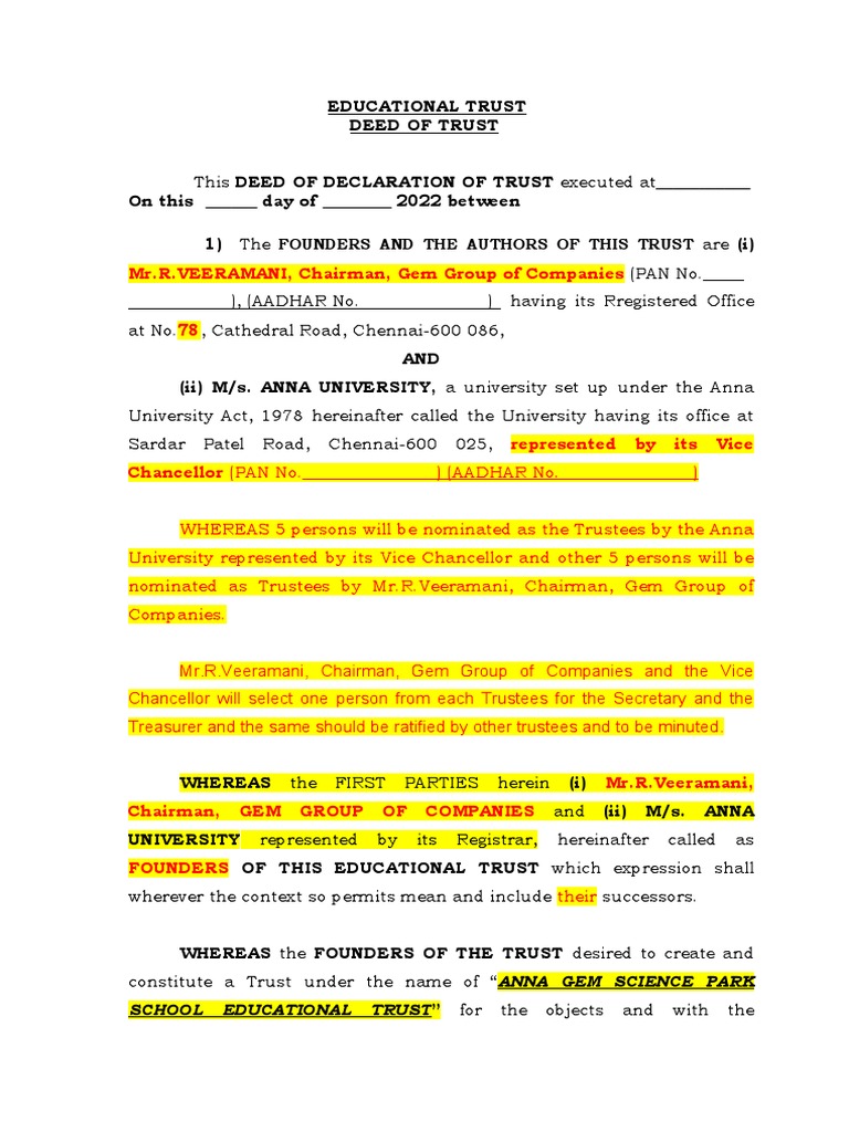 Deed of Trust - Education | PDF | Trust Law | Indemnity