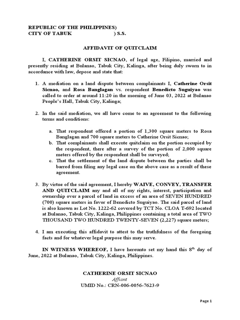 Affidavit of Quit Claim Sample | PDF | Affidavit | Evidence