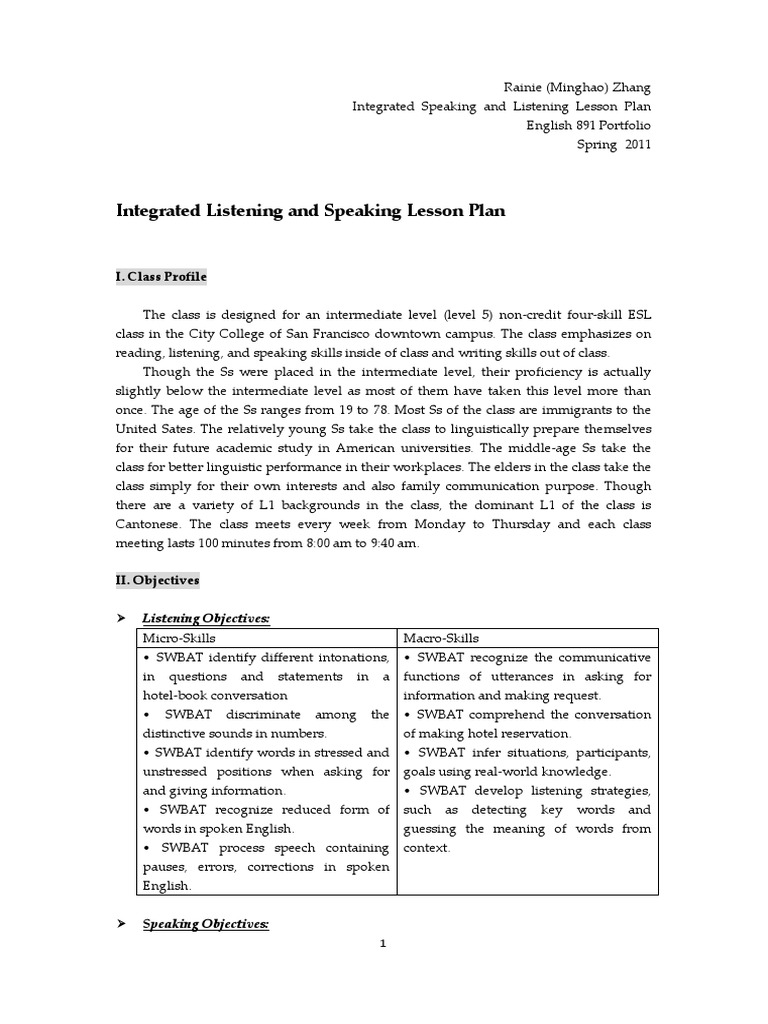 Integrated Listening and Speaking Lesson Plan | PDF | Question ...