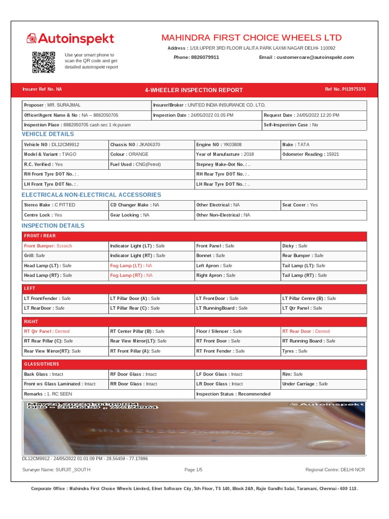 Mahindra First Choice Wheels LTD: 4-Wheeler Inspection Report | PDF ...