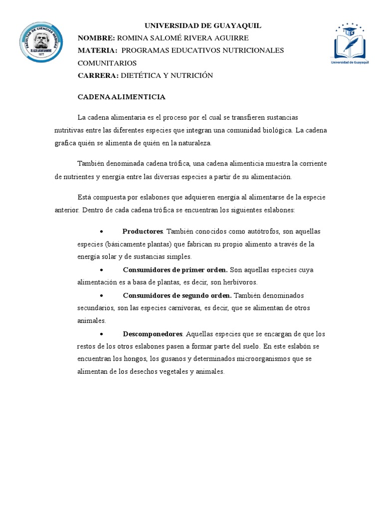 Trabajo Investigativo - Cadena Alimenticia. | PDF | Alimentos | Nutrición