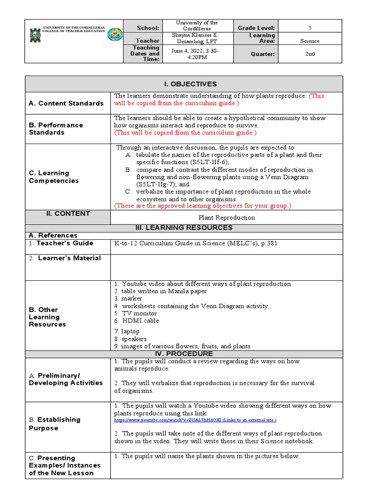 Sample Science Lesson Plan | PDF | Sexual Reproduction | Flowers