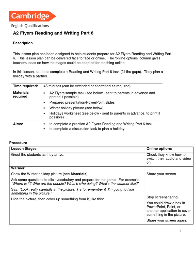 A2 Flyers Reading and Writing Part 6: Description | PDF | Literacy ...