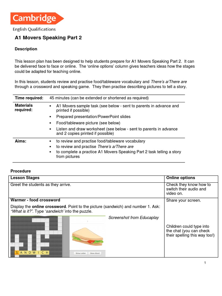 A1 Movers Speaking Part 2: Description | PDF | Crossword | Linguistics