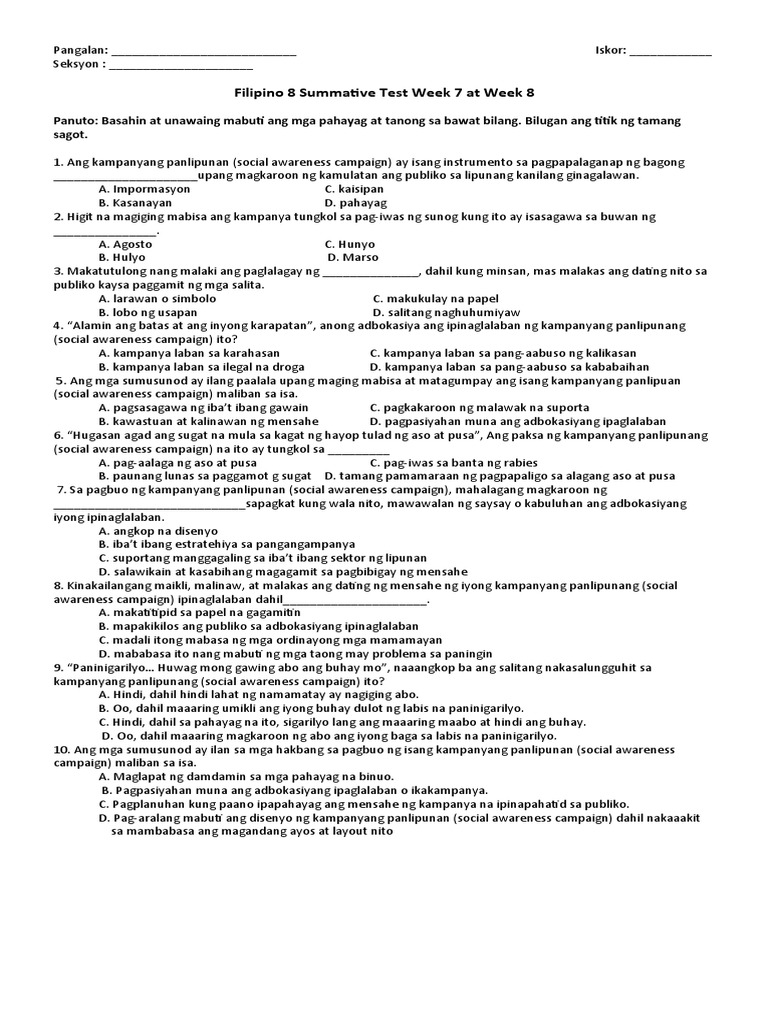 Filipino 8 Summative Test Week 7 at Week 8 | PDF