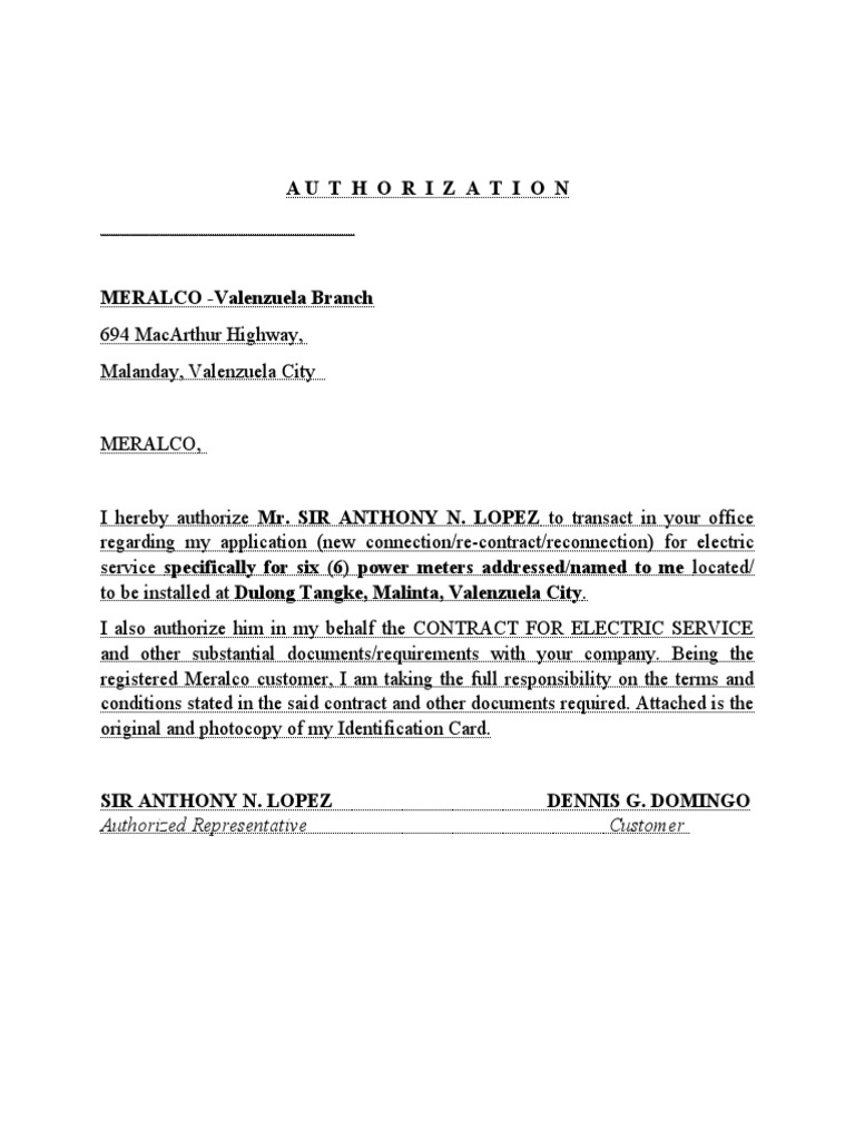Authorization Letter MERALCO | PDF
