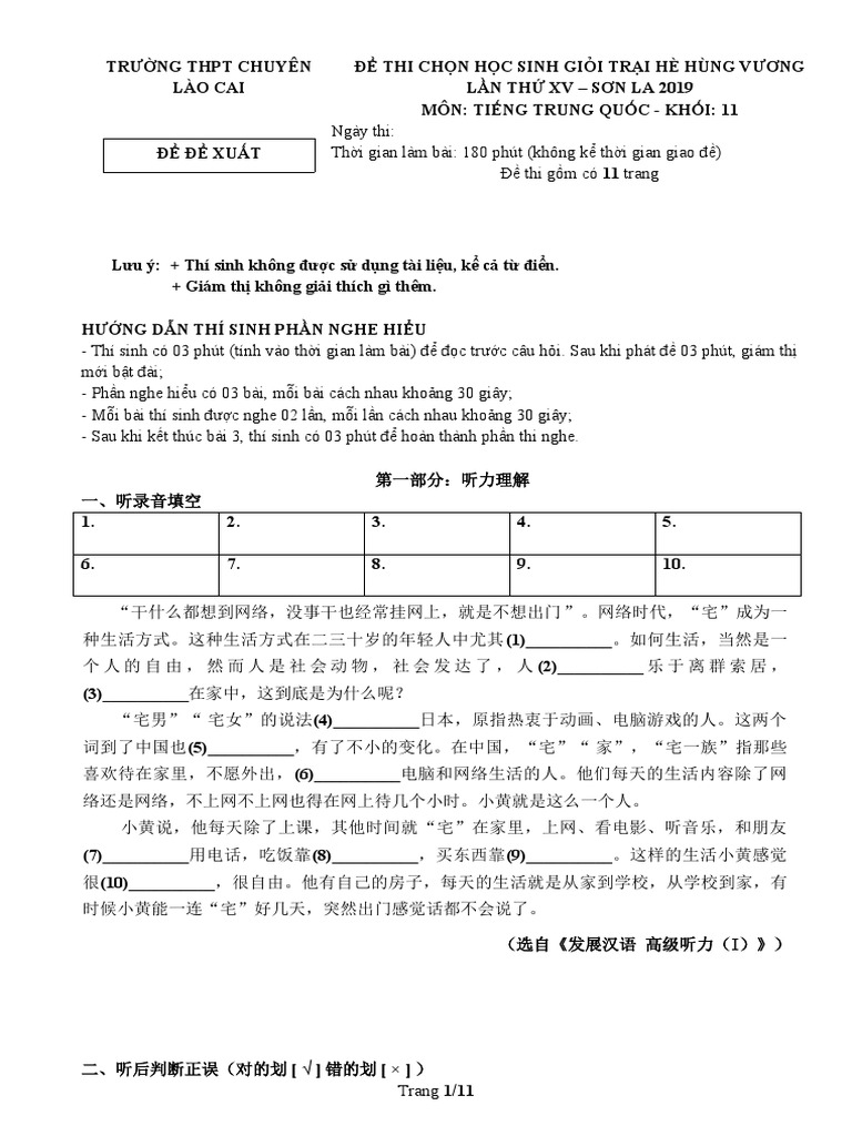 De de Xuat THHV 2019 K11 Tieng Trung | PDF