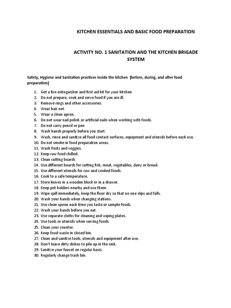 Activity 1 Sanitation and The Kitchen Brigade System | PDF | Chef | Cooking