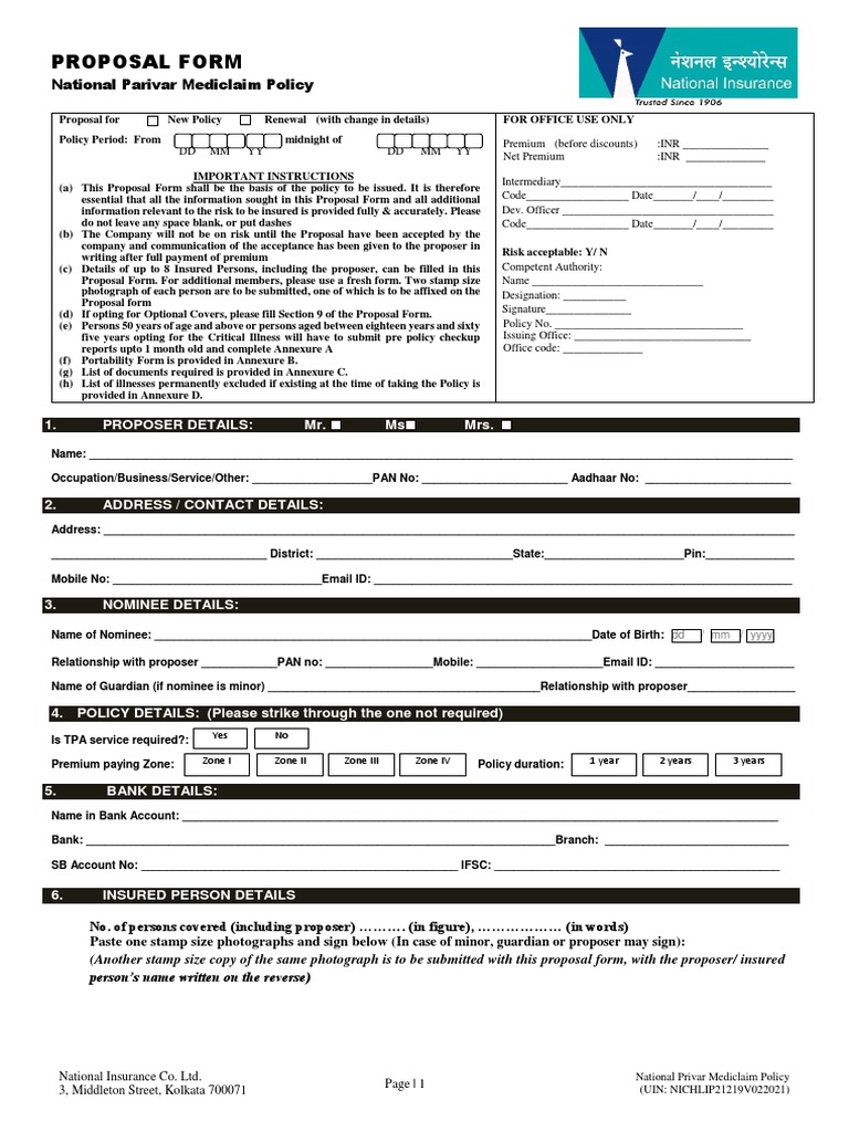 National Parivar Mediclaim Proposal Form | PDF | Identity Document | Heart